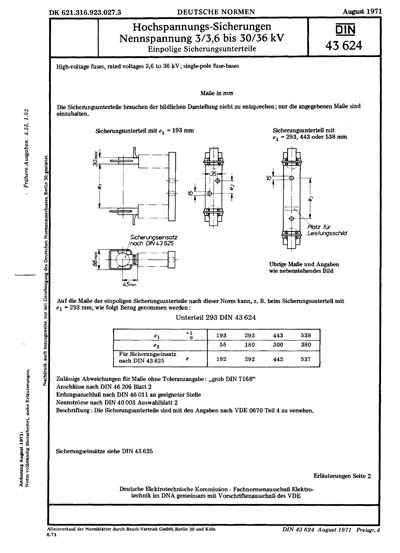 DIN 43624:1971 DE - Hochspannungs-Sicherungen, Nennspannungen 3/3,6 bis ...