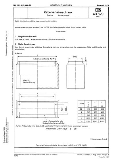 DIN 43629-2:1978 DE - Kabelverteilerschrank; Sockel, Anbaumaße (Foreign ...