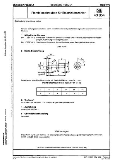 DIN 43854:1979 DE - Plombierschrauben für Elektrizitätszähler