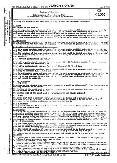 DIN 53465:1963 - Testing of Plastics; Determination of the Closing Time ...