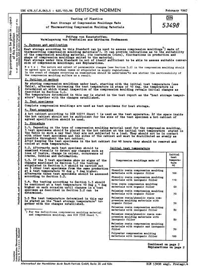 DIN 53498:1967 - Testing of Plastics; Heat Storage of Compression ...