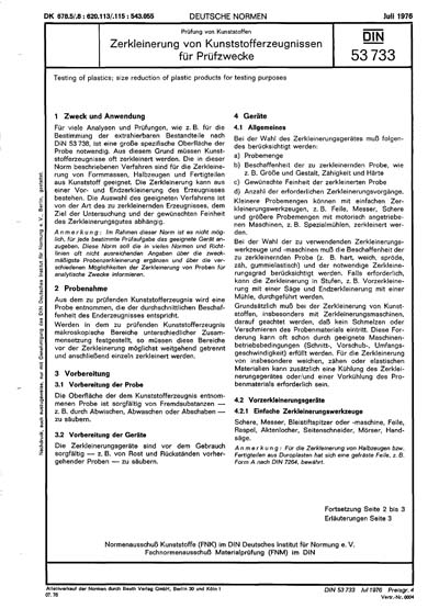 DIN 53733:1976 DE - Prüfung von Kunststoffen; Zerkleinerung von ...