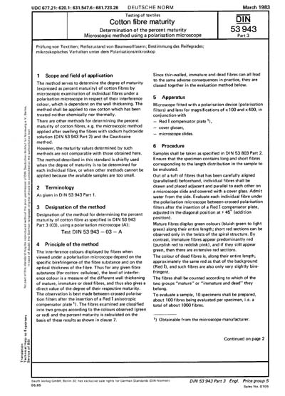 DIN 53943-3:1983 - Testing of textiles; cotton fibre maturity ...