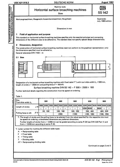 DIN 55142:1982 - Machine tools; Horizontal surface broaching machines ...