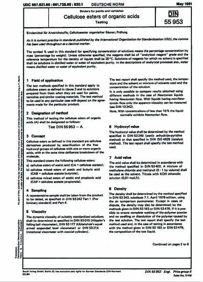 DIN 55953:1981 - Binders for paints and varnishes; cellulose esters of ...