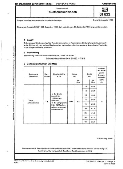 DIN 61633:1983 DE - Verbandmittel; Trikotschlauchbinden (Foreign Standard)