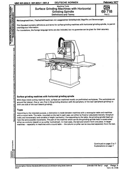 DIN 69718-2:1977 - Machine Tools; Surface Grinding Machines with ...