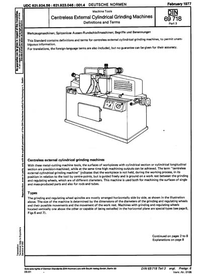 DIN 69718-3:1977 - Machine Tools; Centreless External Cylindrical ...