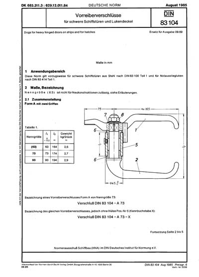 DIN 83104:1985 DE - Vorreiberverschlüsse für schwere Schiffstüren und ...
