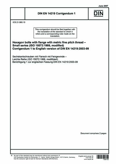 DIN EN 14219 Berichtigung 1:2007 - Hexagon bolts with flange with ...