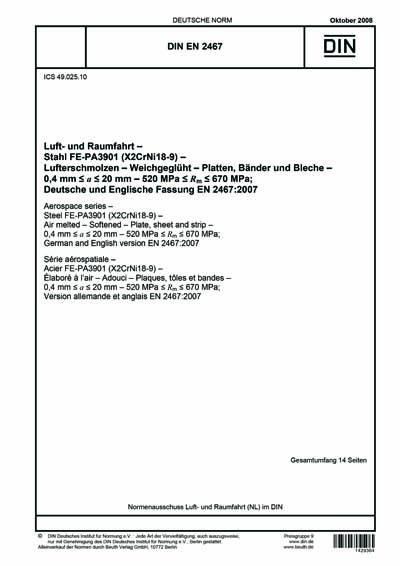 DIN EN 2467:2008 - Aerospace series - Steel FE-PA3901 (X2CrNi18-9 ...