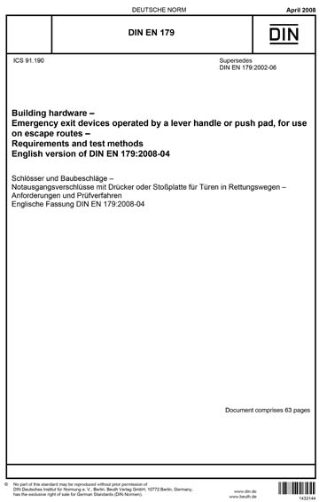 DIN EN 179:2008 - Building hardware - Emergency exit devices operated ...