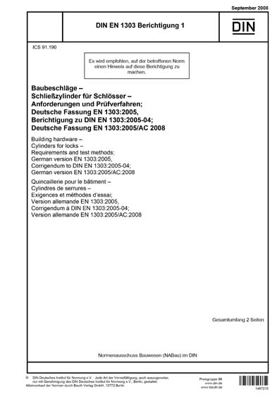 DIN EN 1303 Berichtigung 1:2008 DE - Baubeschläge - Schließzylinder für ...