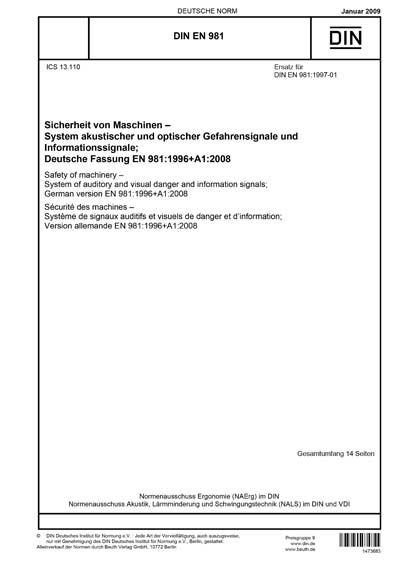 DIN EN 981:2009 DE - Sicherheit von Maschinen - System akustischer und ...