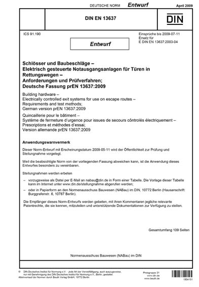 DIN EN 13637:2009 DE - Schlösser und Baubeschläge - Elektrisch ...