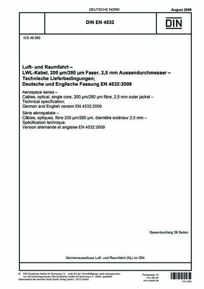 DIN EN 4532:2009 - Aerospace series - Cables, optical, single core, 200 ...