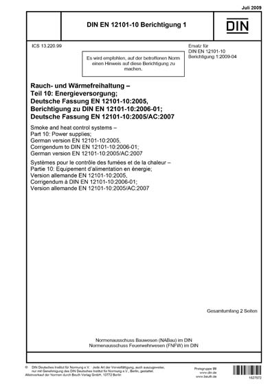 DIN EN 12101-10 Berichtigung 1:2009 DE - Rauch- und Wärmefreihaltung ...