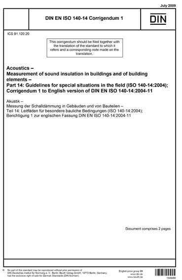 DIN EN ISO 140-14 Berichtigung 1:2009 - Acoustics - Measurement of ...