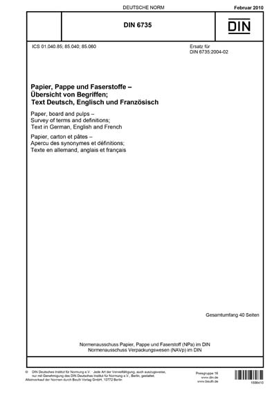 DIN 6735:2010 DE - Papier, Pappe und Faserstoffe - Übersicht von ...
