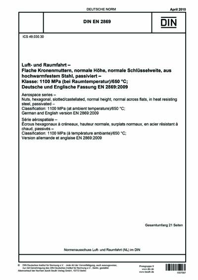 DIN EN 2869:2010 - Aerospace series - Nuts, hexagonal, slotted ...