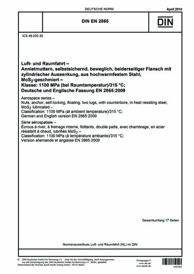 DIN EN 2865:2010 - Aerospace series - Nuts, anchor, self-locking ...
