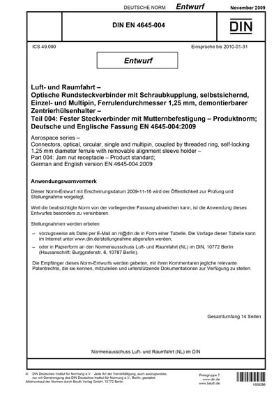 DIN EN 4645-004:2009 - Aerospace series - Connectors, optical, circular ...