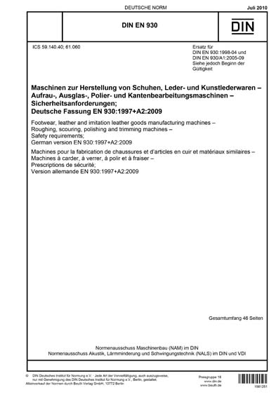 DIN EN 930:2010 DE - Maschinen zur Herstellung von Schuhen, Leder- und ...