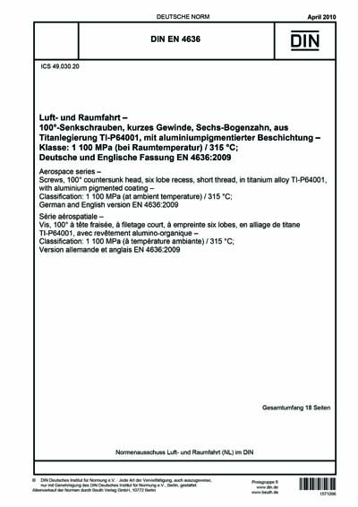 DIN EN 4636:2010 - Aerospace series - Screws, 100° countersunk head ...