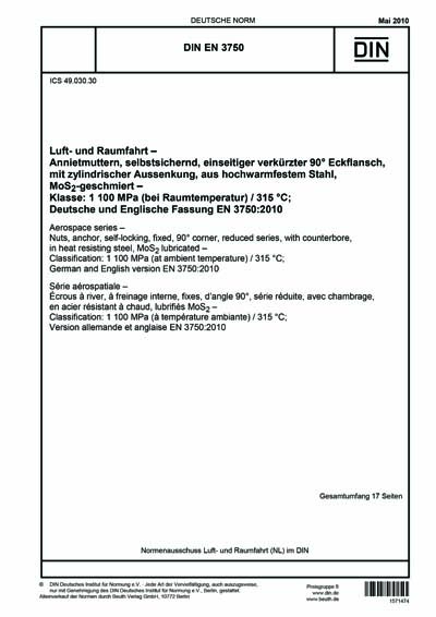 DIN EN 3750:2010 - Aerospace series - Nuts, anchor, self-locking, fixed ...