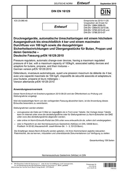 DIN EN 16129:2010 DE - Druckregelgeräte, automatische Umschaltanlagen ...