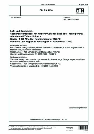 DIN EN 4130:2010 - Aerospace series - Bolts, normal hexagonal head ...