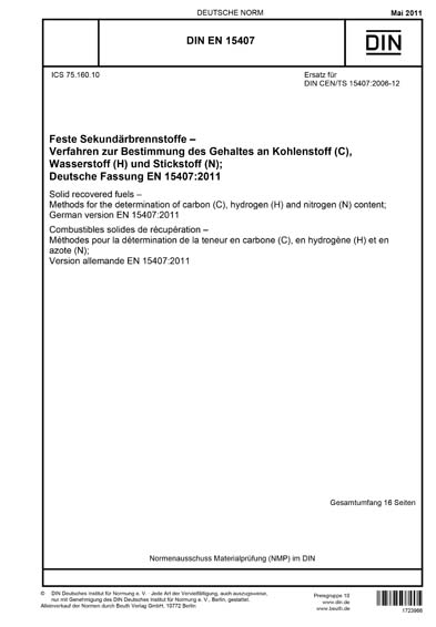 DIN EN 15407:2011 DE - Feste Sekundärbrennstoffe - Verfahren zur ...