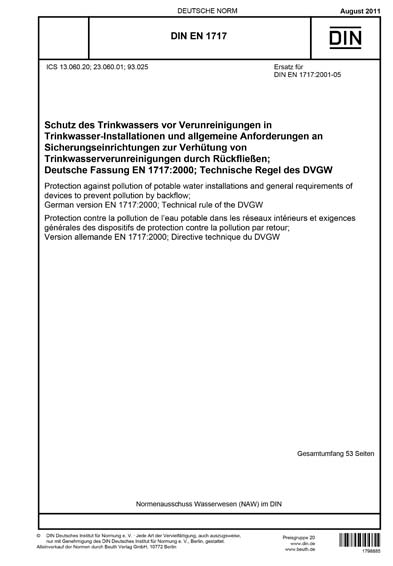 DIN EN 1717:2011 DE - Schutz des Trinkwassers vor Verunreinigungen in ...