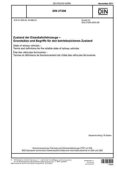DIN 27200:2011 DE - Zustand der Eisenbahnfahrzeuge - Grundsätze und ...
