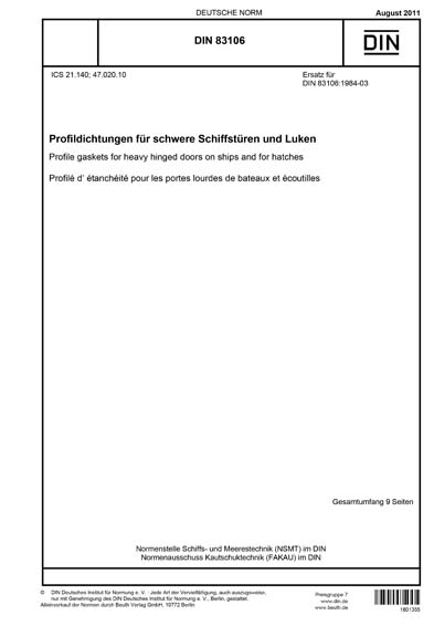 DIN 83106:2011 DE - Profildichtungen für schwere Schiffstüren und Luken ...