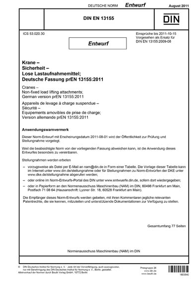 DIN EN 13155:2011 DE - Krane - Sicherheit - Lose Lastaufnahmemittel ...