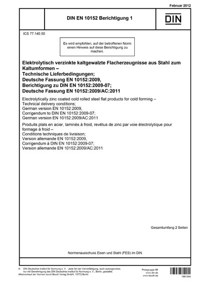 DIN EN 10152 Berichtigung 1:2012 DE - Elektrolytisch verzinkte ...