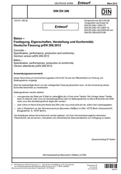 DIN EN 206:2012 DE - Beton - Festlegung, Eigenschaften, Herstellung und ...