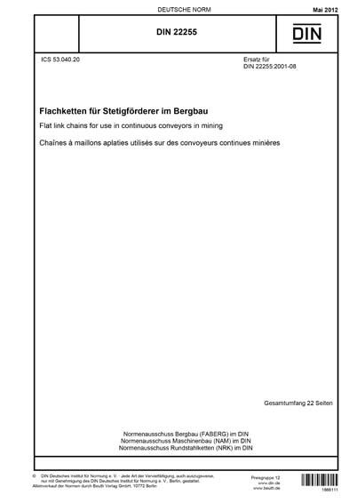 DIN 22255:2012 DE - Flachketten für Stetigförderer im Bergbau (Foreign ...