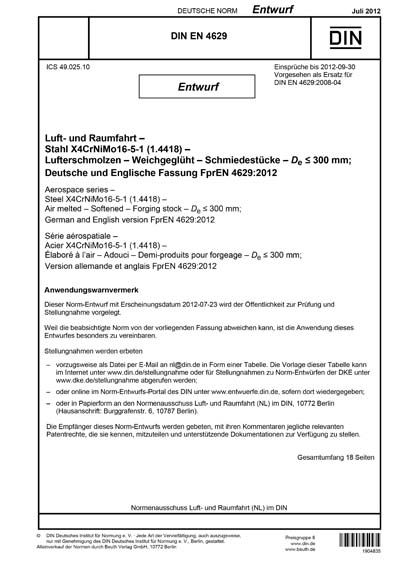 DIN EN 4629:2012 - Aerospace series - Steel X4CrNiMo16-5-1 (1.4418 ...