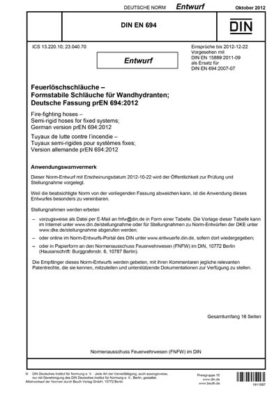 DIN EN 694:2012 DE - Feuerlöschschläuche - Formstabile Schläuche für ...