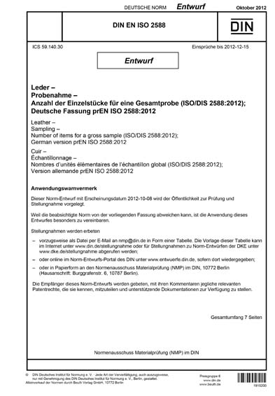 DIN EN ISO 2588:2012 DE - Leder - Probenahme - Anzahl der Einzelstücke ...