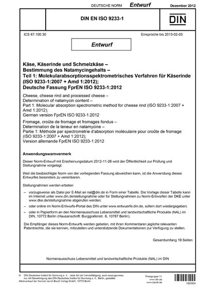 DIN EN ISO 9233-1:2012 DE - Käse, Käserinde und Schmelzkäse ...