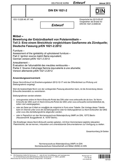 DIN EN 1021-2:2013 DE - Möbel - Bewertung der Entzündbarkeit von ...