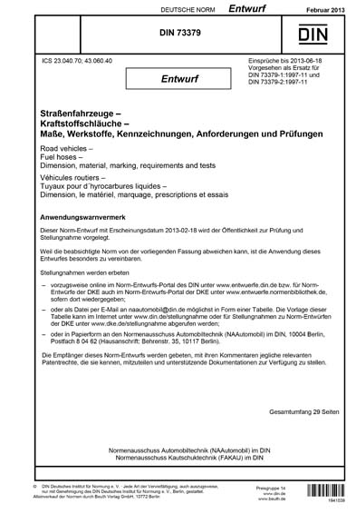DIN 73379:2013 DE - Straßenfahrzeuge - Kraftstoffschläuche - Maße ...