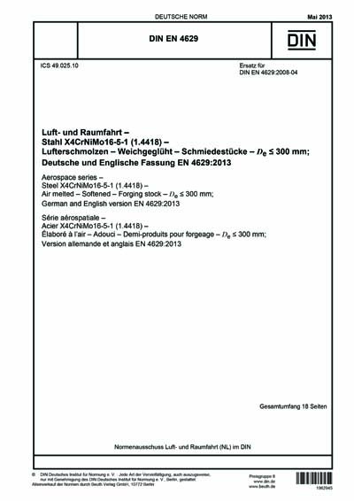 DIN EN 4629:2013 - Aerospace series - Steel X4CrNiMo16-5-1 (1.4418 ...