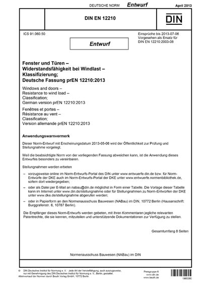 DIN EN 12210:2013 DE - Fenster und Türen - Widerstandsfähigkeit bei ...