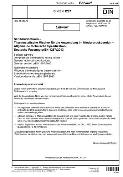 DIN EN 1287:2013 DE - Sanitärarmaturen - Thermostatische Mischer für ...