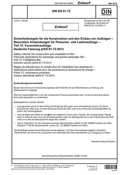 DIN EN 81-72:2013 DE - Sicherheitsregeln für die Konstruktion und den ...
