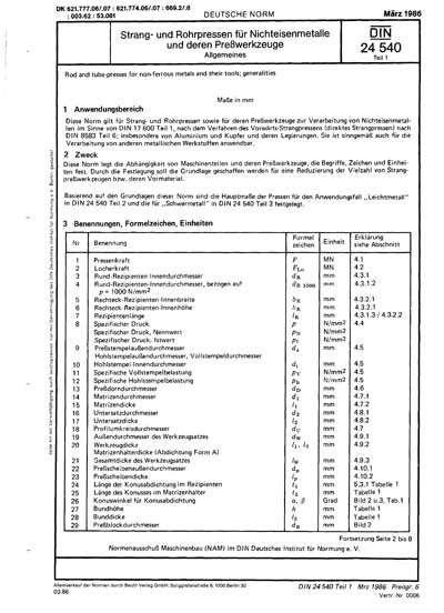 DIN 24540-1:1986 DE - Strang- und Rohrpressen für Nichteisenmetalle und ...